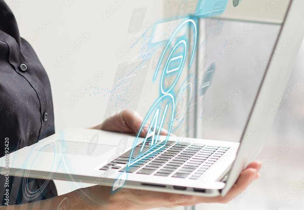 ChatGPT Chat with AI. Woman chatting with AI Chatbot via laptop ...