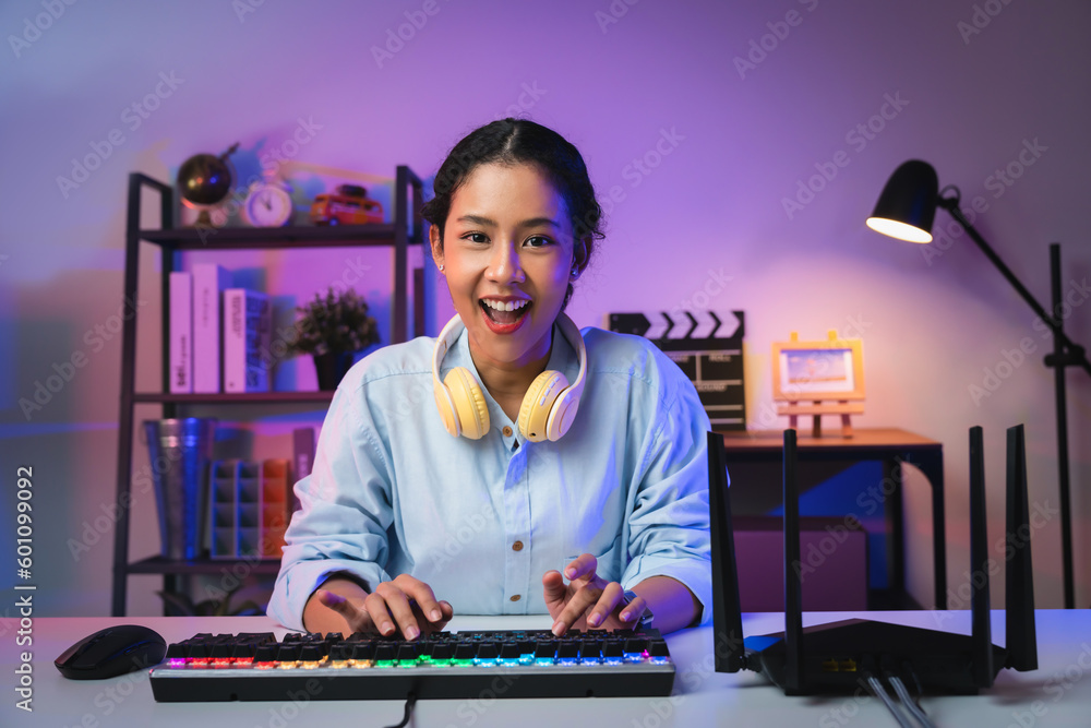 Young Asian woman open mouth with emotional excited and shocked amazed ...