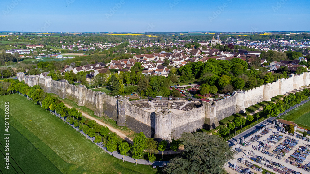 Aerial view of the fortified walls of Provins, a medieval city that ...