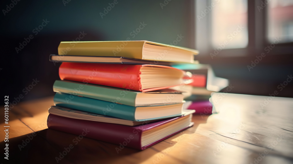 Stack of books in the colored cover lay and open book with old pages on ...