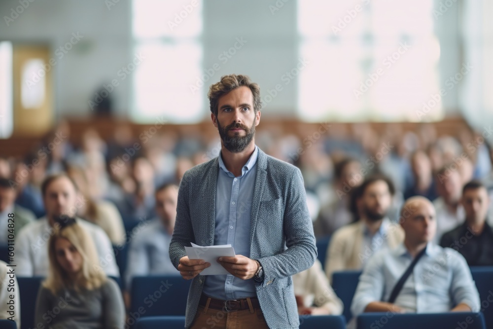 a speaker man is presenting at a conference in a modern hall. The ...