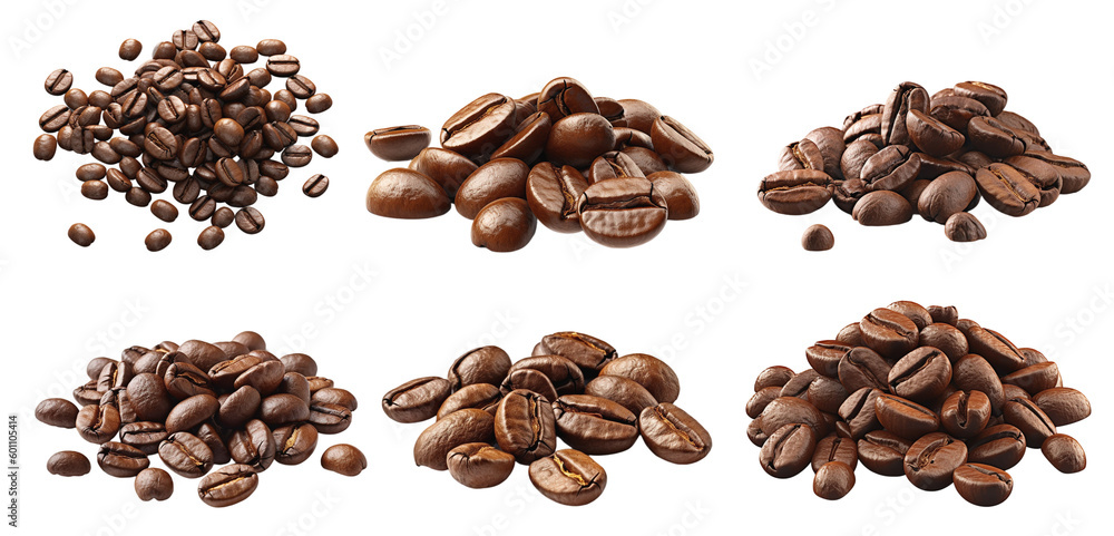 six heaps of big and small coffee beans on a transparent background ...