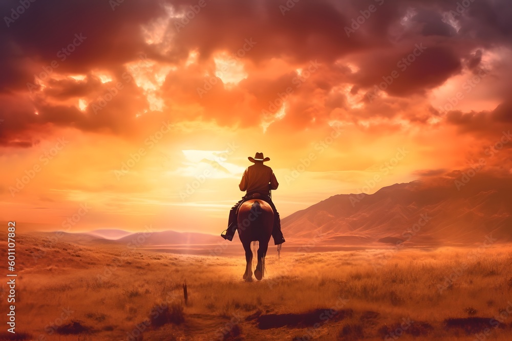 cowboy on a horse in a field rides at sunset background. wild west ...