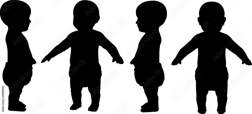 "Vector Renderings of Standing Baby Silhouette Set in Row" "Standing ...