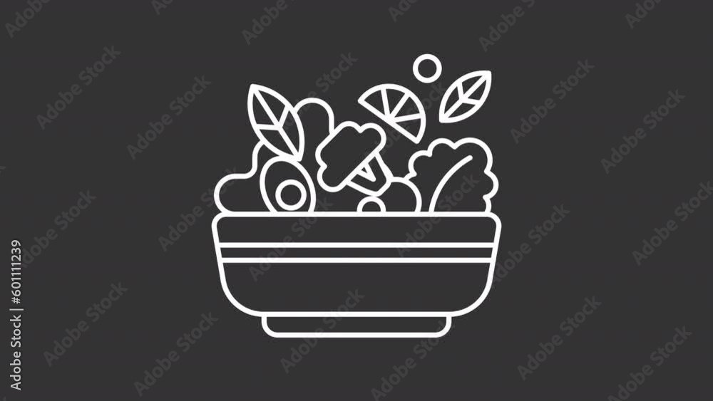 Animated salad white line icon. Vegetable ingredients bouncing in bowl ...