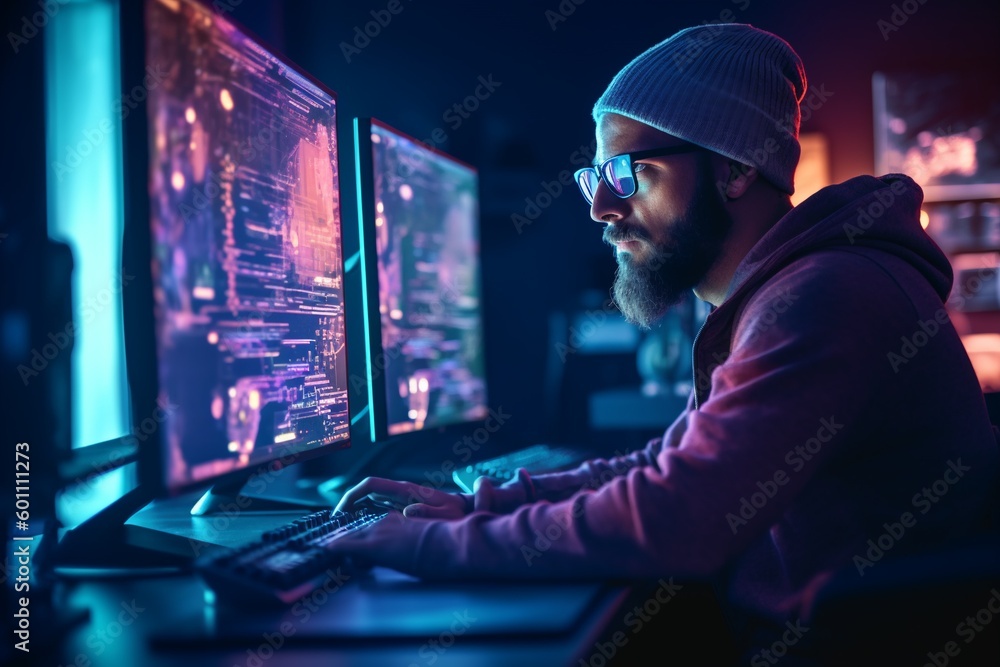 Bearded Man Hacker Security Specialist Coder Working In Front Of Workstation In A Dark Room With