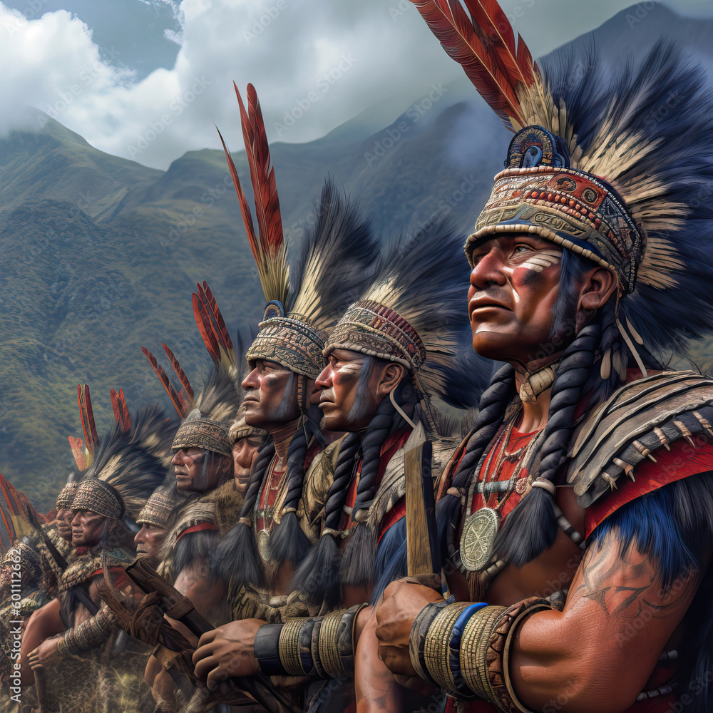 Indigenous Inca warriors standing on a mountain side, Generative AI ...