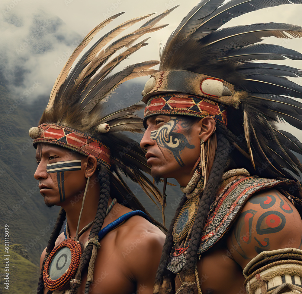 Indigenous Aztec warriors standing on a mountain side, Generative AI ...