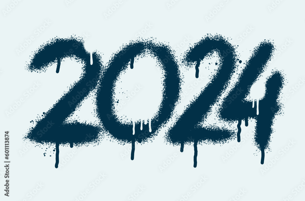Graffiti number 2024 sprayed paint dots in blue. Splatter drips, grunge ...