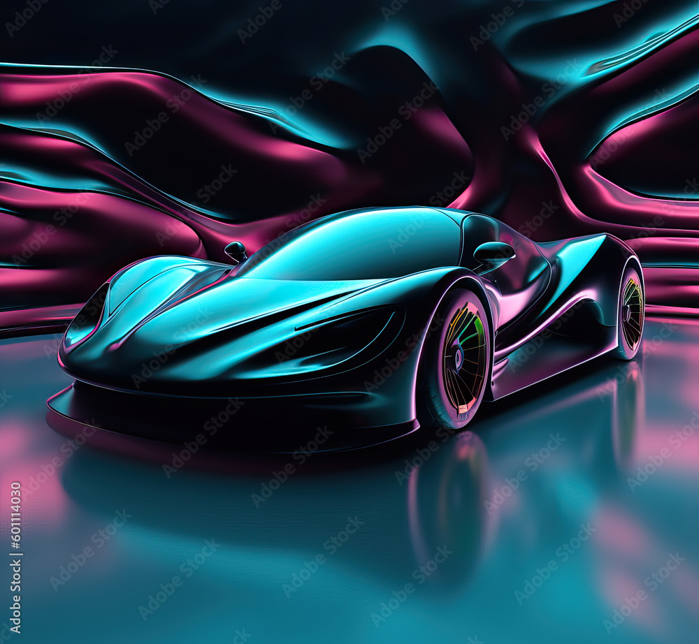 Beautiful futuristic car on an iridescent and black background ...