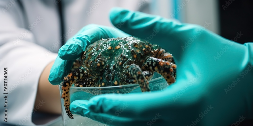 Hands of marine biologist studies a deep-sea creature in laboratory ...