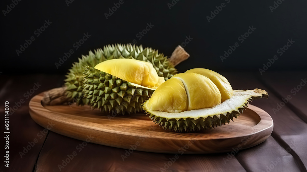 Durian on wood plate,It is the most expensive and most delicious of all ...