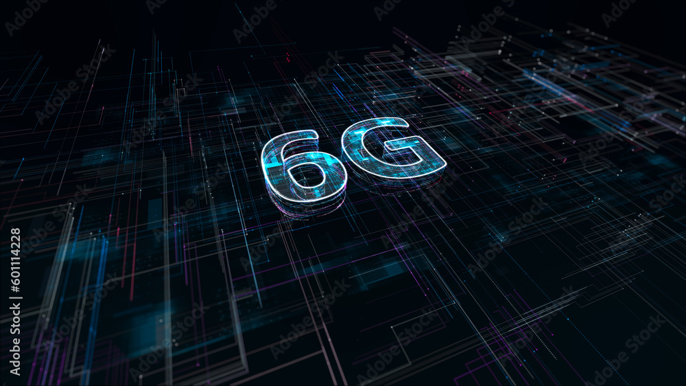 Dark blue particle 6G logo with data transfer concept and connection ...