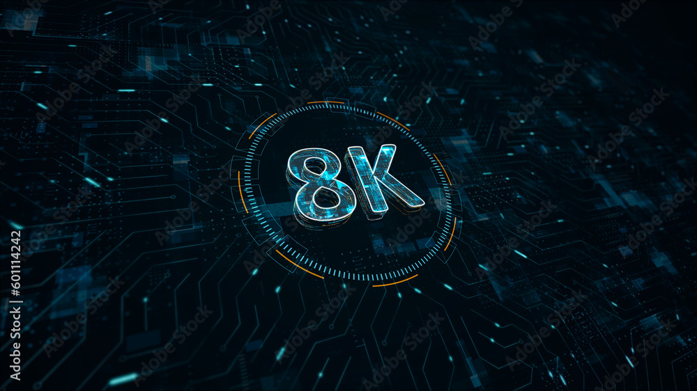 Dark blue particle 8K logo with resolution of future concept and ...