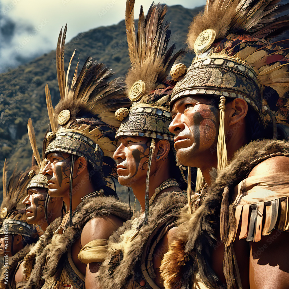 Indigenous Aztec warriors standing on a mountain side, Generative AI ...