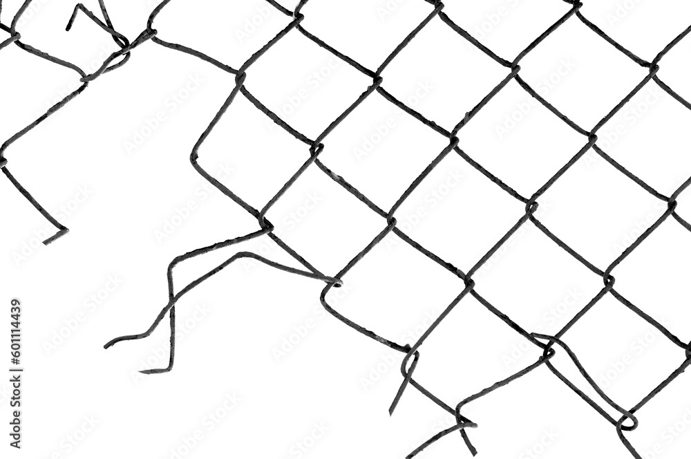 The texture of the metal mesh. Torn, destroyed, broken metal mesh on a ...