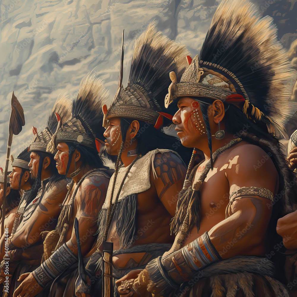 Indigenous Aztec warriors standing on a mountain side, Generative AI ...