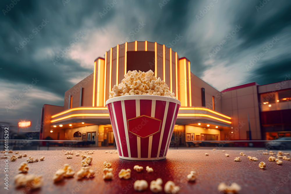 popcorn on the ground in front of a movie theater. snack and cinema ...