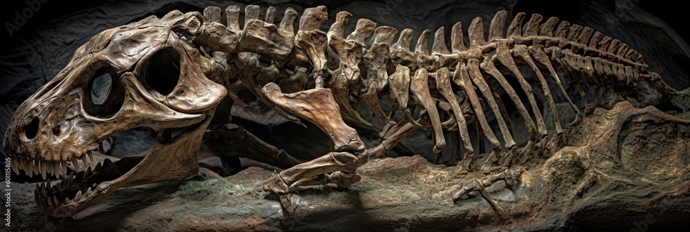 Striking image of a dinosaur fossil, with its intricate bone structure ...