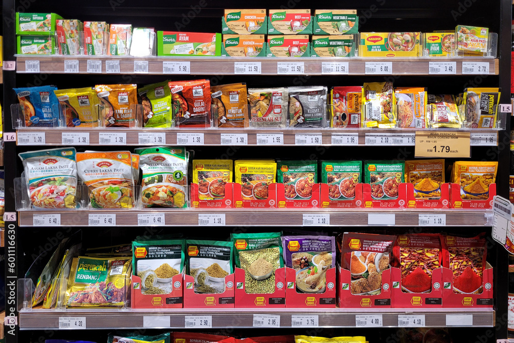 PENANG, MALAYSIA - 3 MAY 2023: A vibrant display of Asian brands' herbs ...