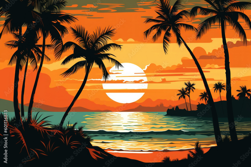 Drawing tropical beach summer background. Graphic illustration design ...