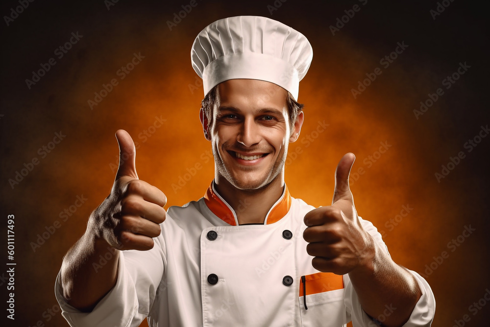 A good looking chef dressed in a traditional star chef hat and jacket ...