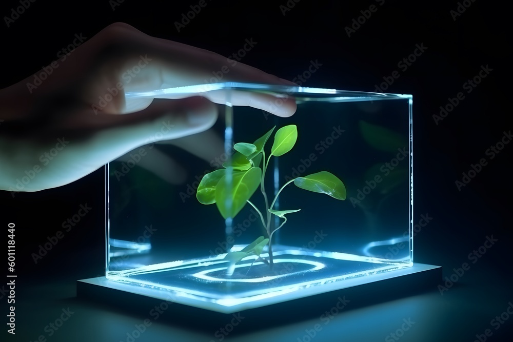human hand on tha glass box with plant hologram. futuristic concept of ...