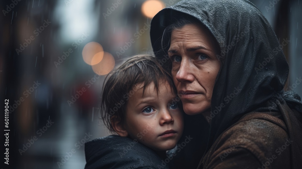 A poor mom hugging her son in the street under the rainy sky, homeless ...
