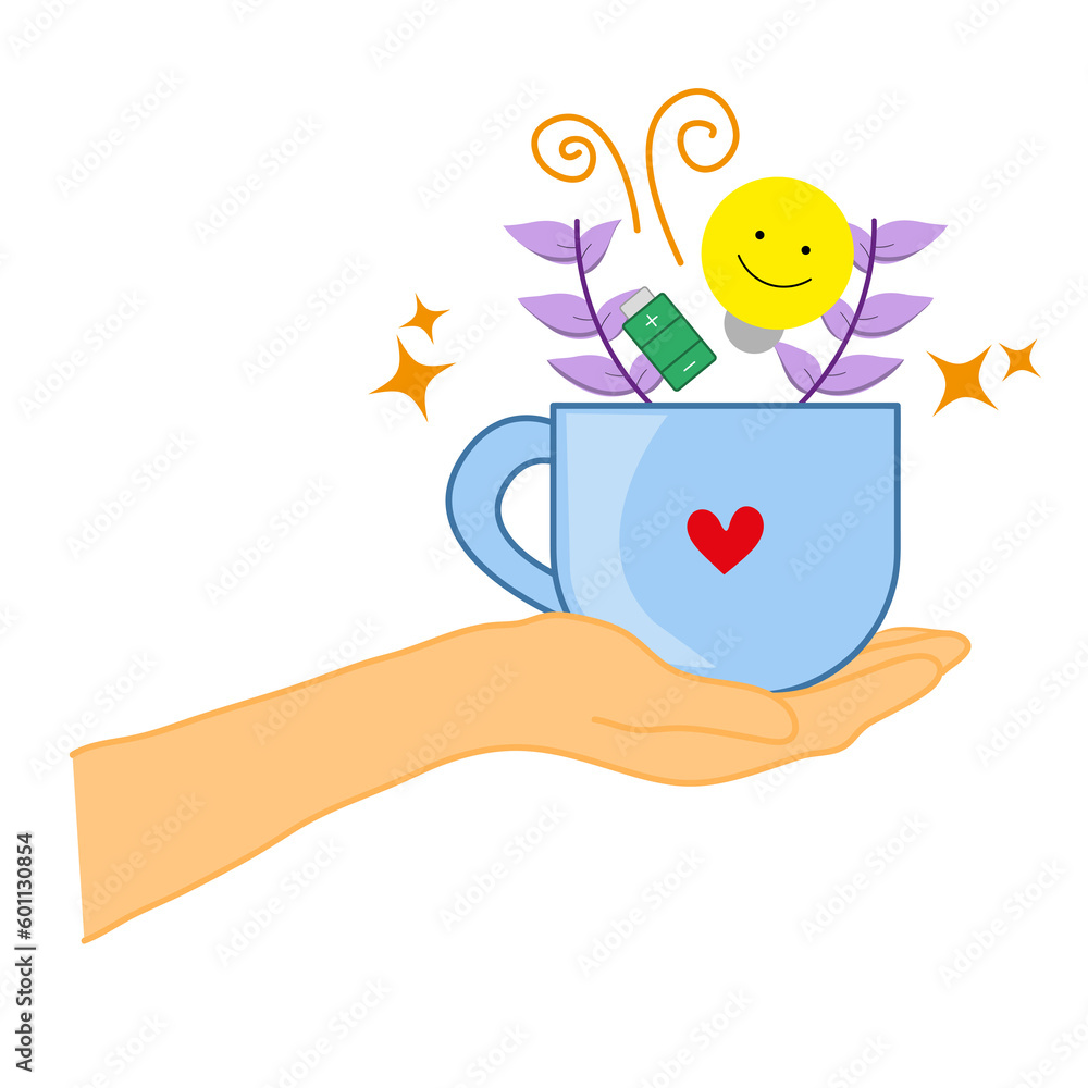 Emociones que nos trae el caf√© sujetado con una mano. De fondo ...