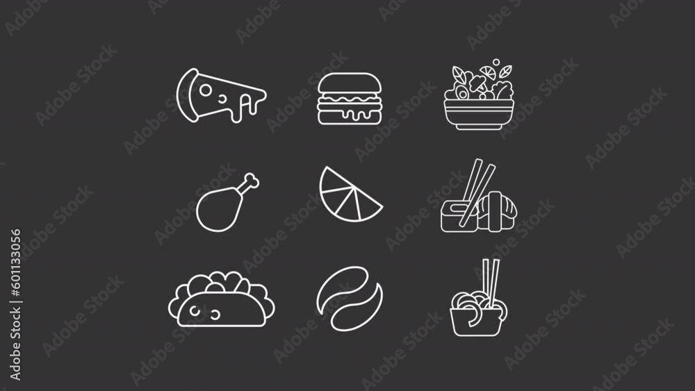Animated fast food meal white icons. Restaurant menu line animation ...