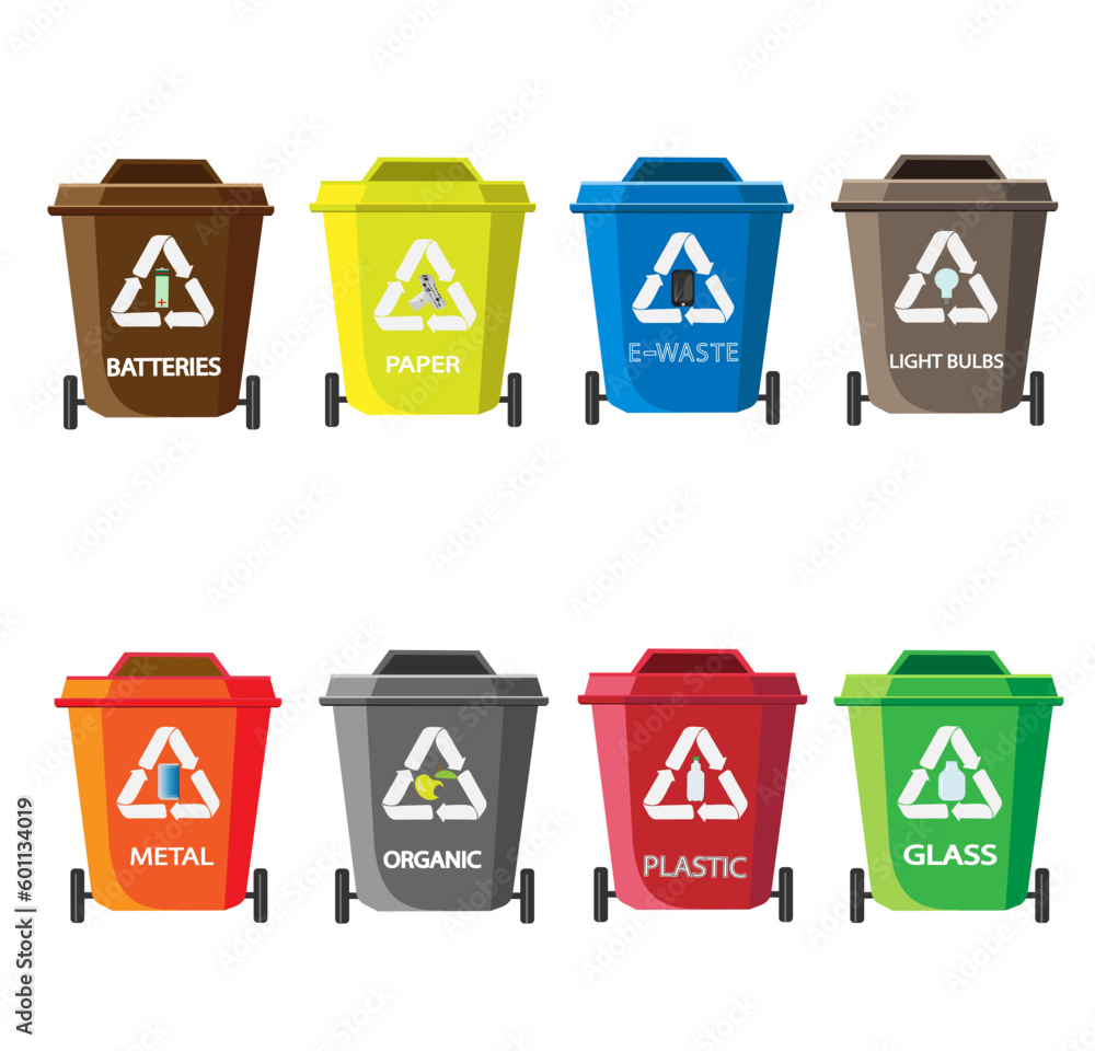 Waste segregation. Sorting garbage by material and type in colored ...