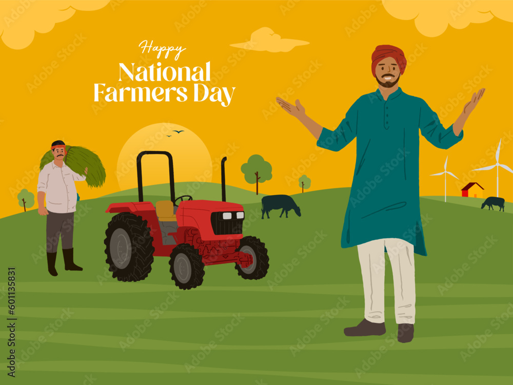 Happy National Farmer day text and Indian farmers celebrating Kisan ...