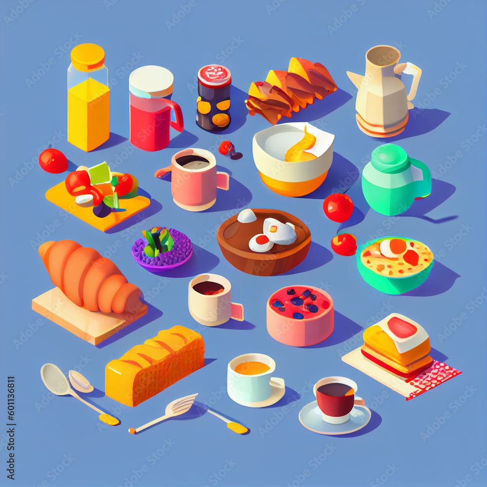 isometric Breakfast food and drinks background. Breakfast and kitchen ...