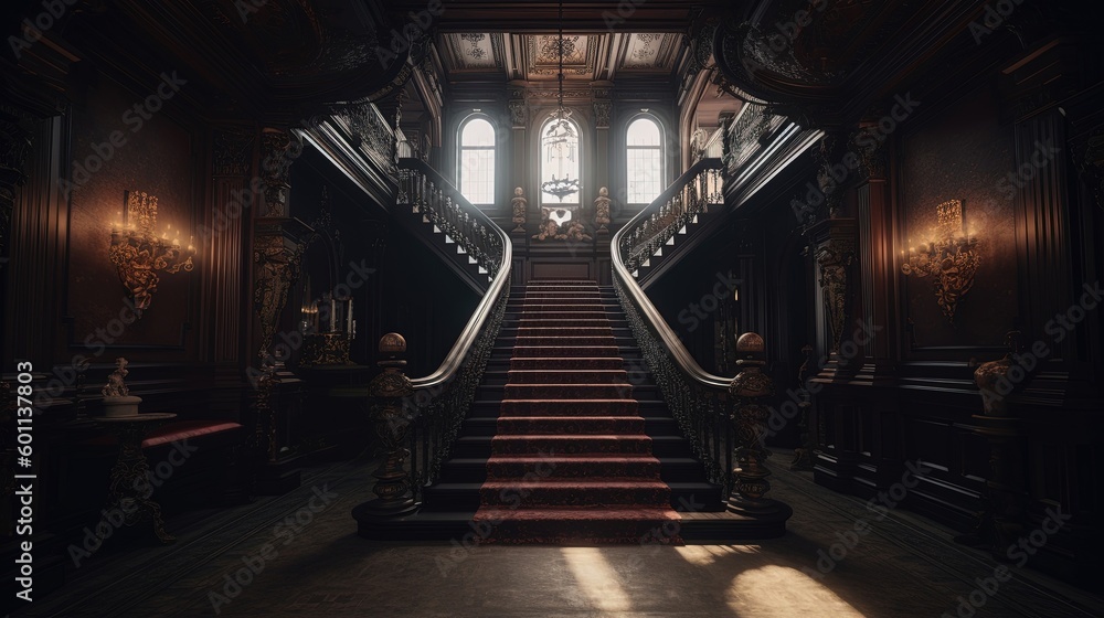 Dark gothic mansion hall in victorian style interior with staircase and ...