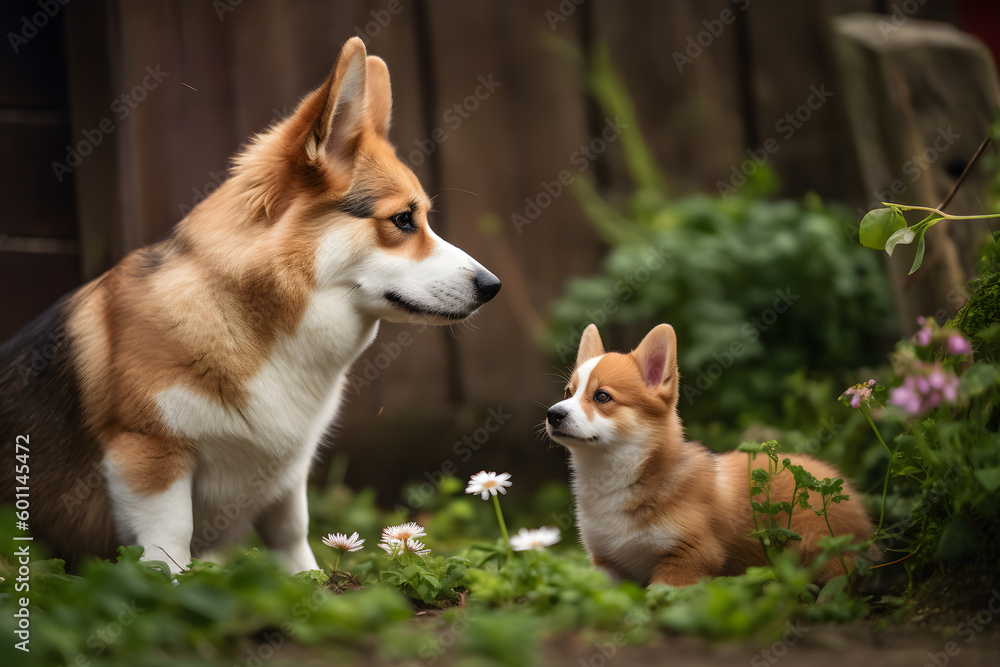 depicts a Pembroke Welsh Corgi and her baby playing in a beautiful ...