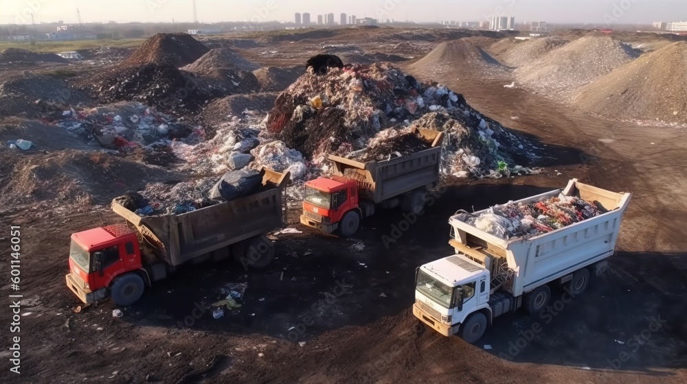 Landfill waste disposal. Garbage dump with waste plastic and ...