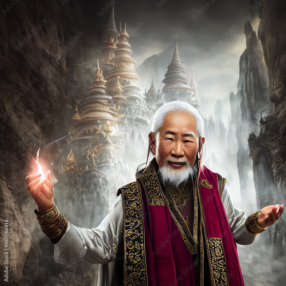 An old Asian wizard, dressed in robes and holding a small flame on his hand, appears to be on ...