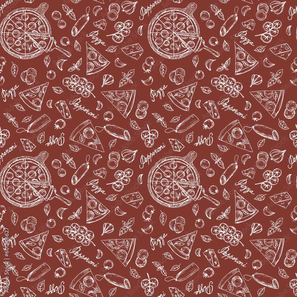 Hand illustrated seamless pattern with pepperoni pizza slice, round on ...