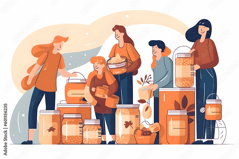 Volunteering at food bank and give groceries to poor tiny person ...