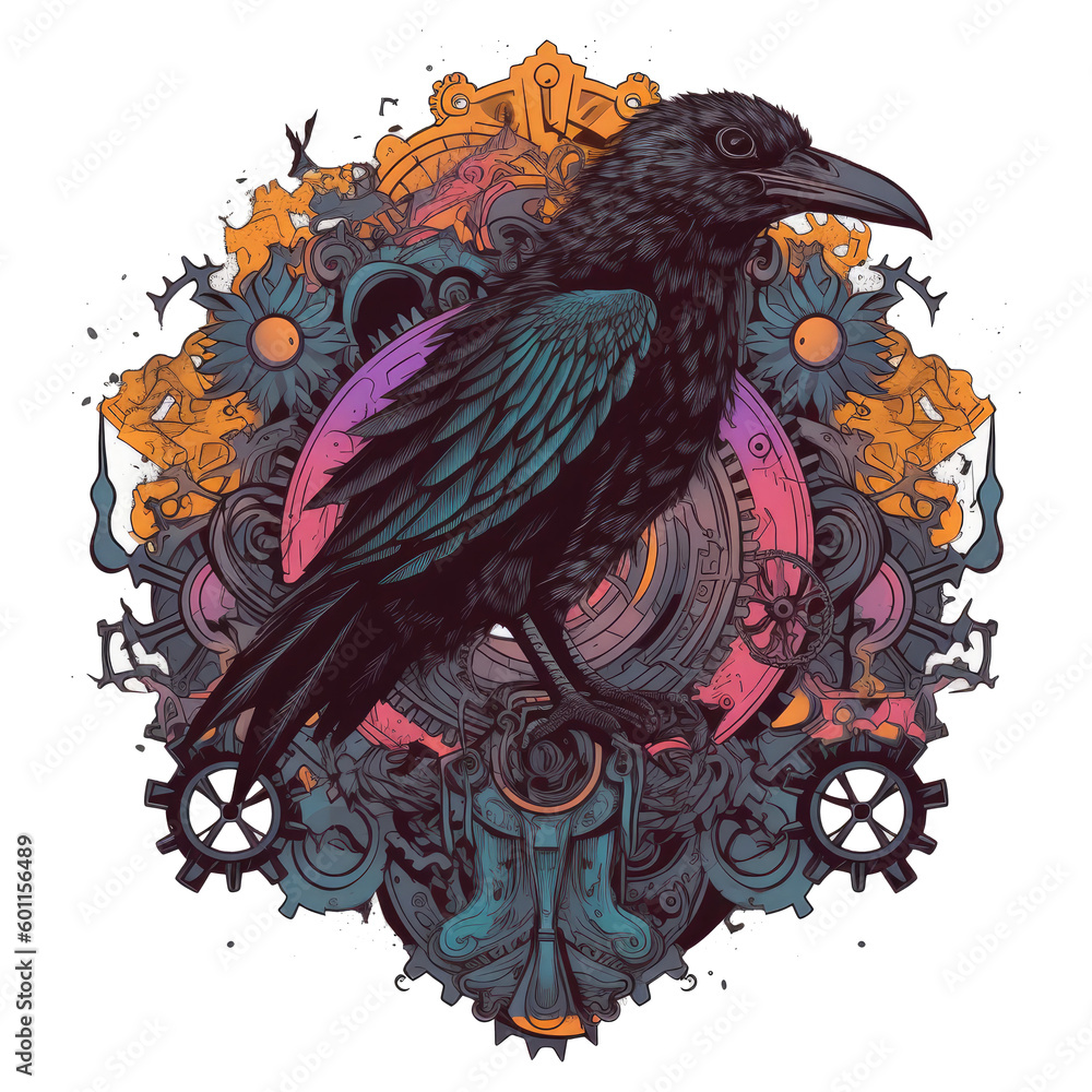A surreal crow t-shirt design with a psychedelic feel, featuring a crow ...