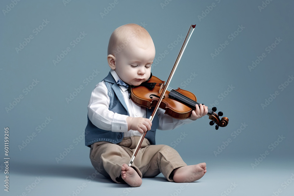 Full-body photograph of a baby in formal attire, playing the violin ...