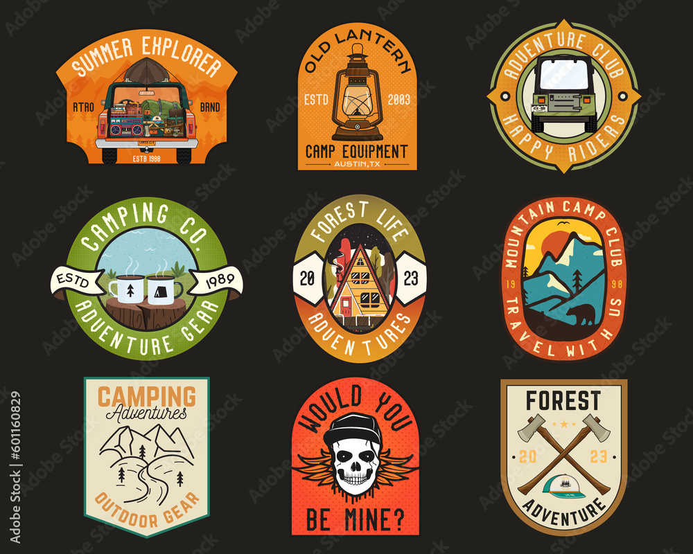 Camping Adventures badges set designs with mountains, camper car ...