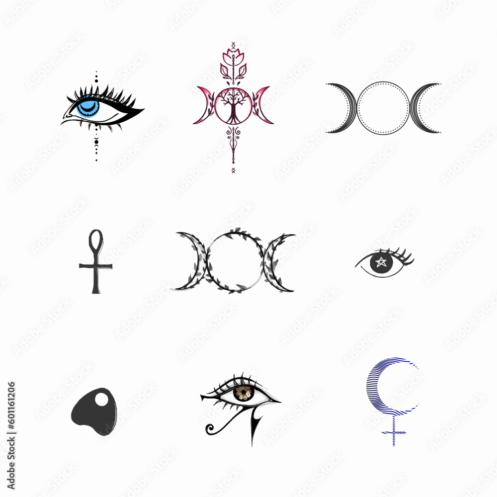 witchy vibes tattoo art set of various symbols as lilith symbol triple ...