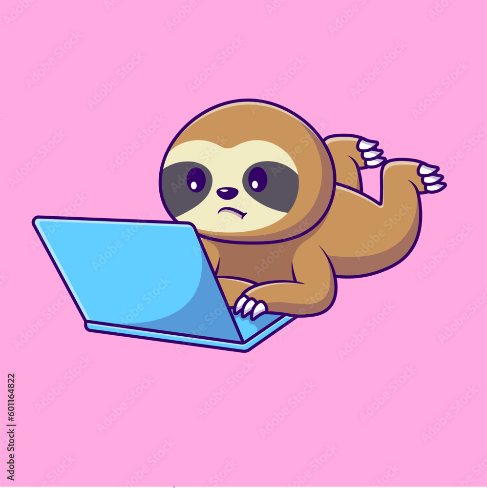 Cute Sloth Lying With Playing Laptop Cartoon Vector Icons Illustration ...