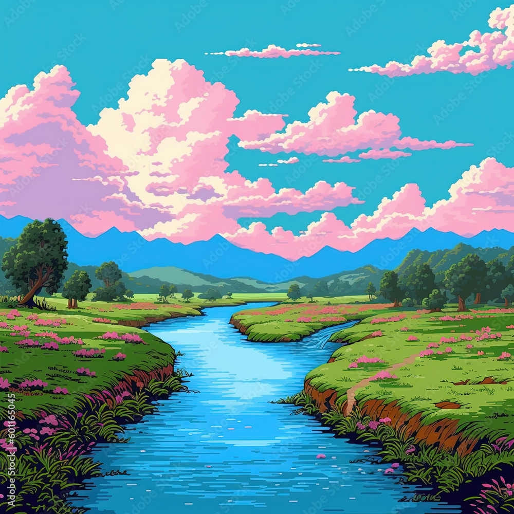 Pixelated Bright blue river in a green landscape with pink clouds ...