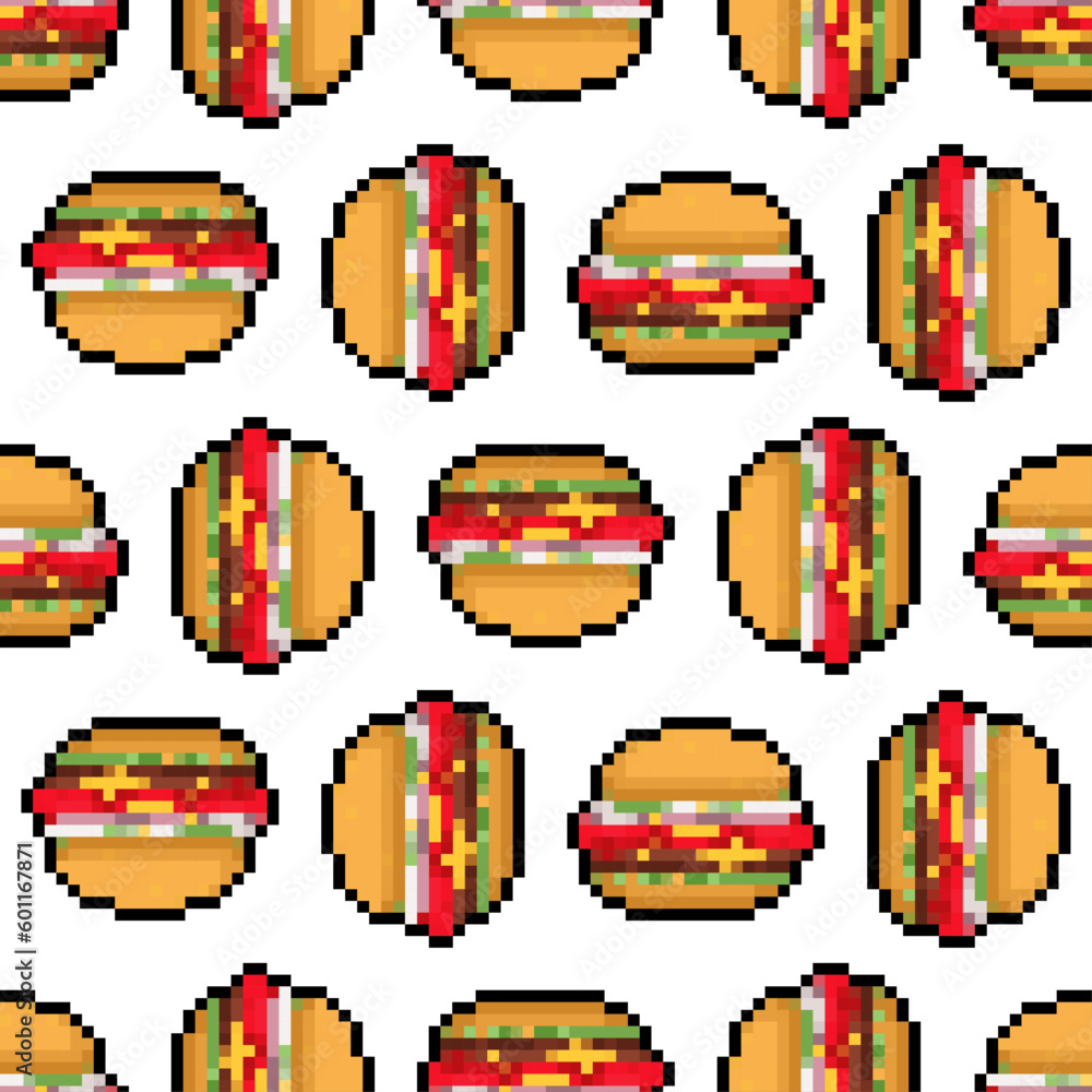 Burger pixel art pattern seamless. Hamburger pixelated background. Fast ...