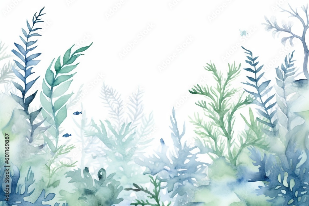 a watercolor painting of seaweed and other marine life on a white ...