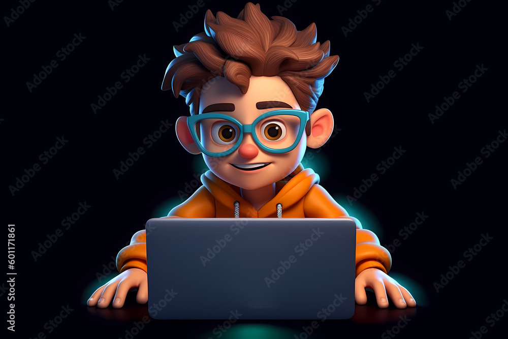 Portrait of successful programmer, game developer or coder guy in uses computer laptop for work ...