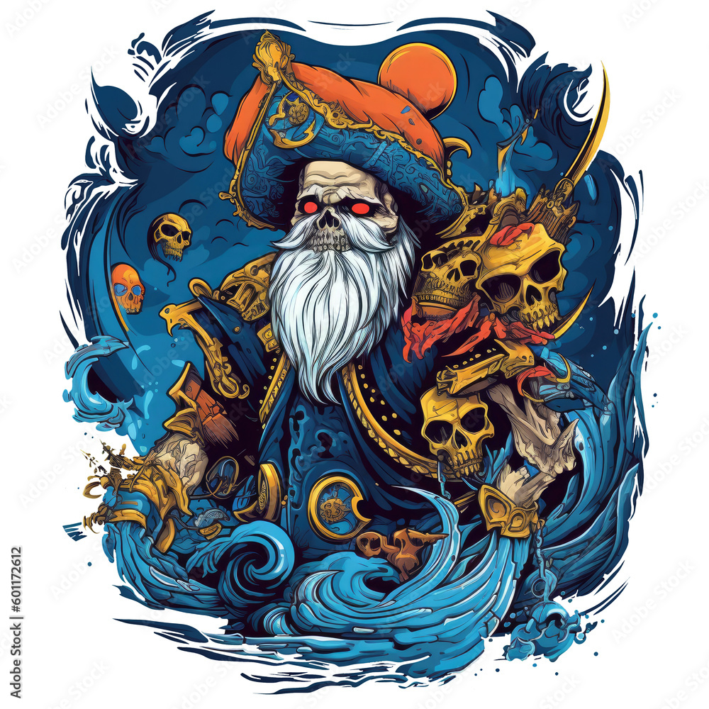 An epic pirate t-shirt design with a skull-faced pirate captain, the ...