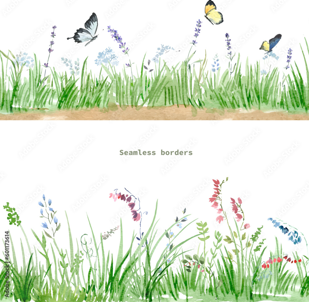 Vecteur Stock Vector watercolor of green seamless grass, grass border ...